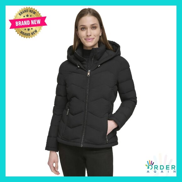 Jackets & Coats | Stretch Fabric Puffer Jacket Hooded Quilted Zip Front ...